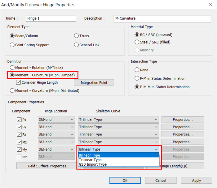 Pushover Hinge Definition in midas Civil
